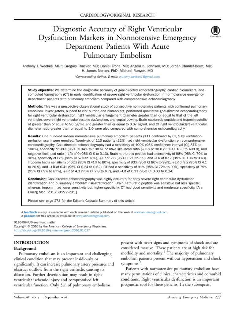 Diagnostic Accuracy of Right Ventricular Dysfunction Markers in Normotensive Emergency ...