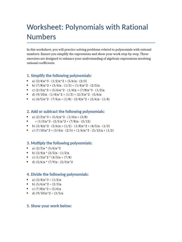 Polynomials With Rational Numbers Worksheet | PDF