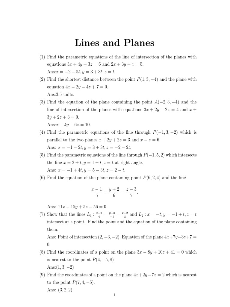 Lines and Planes | PDF | Plane (Geometry) | Equations
