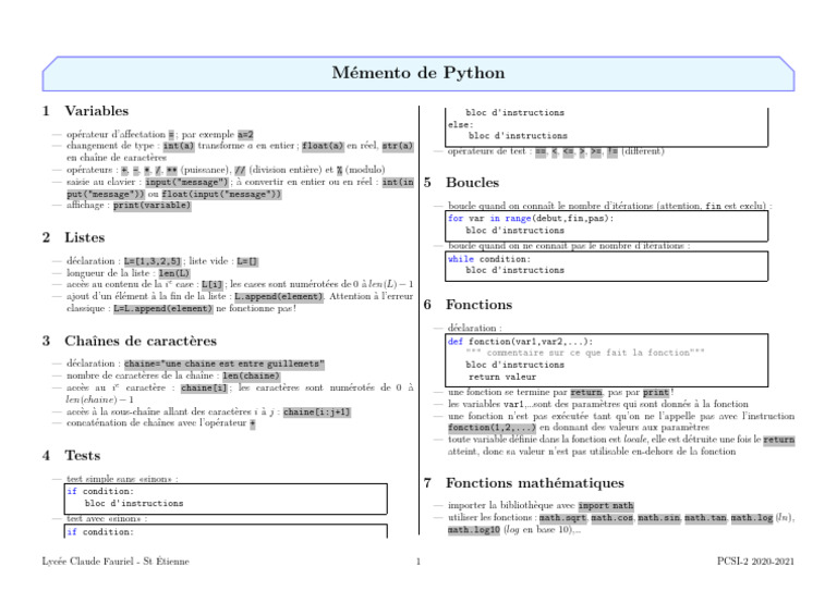Mémento Des Commandes Python, À Imprimer Et À Amener Pour Les Évaluations Sur Machine | PDF