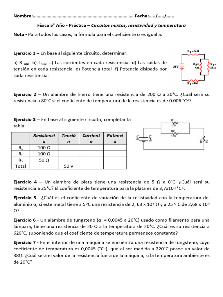 Física 5° - Práctica Circuitos Mixtos y Resistividad | PDF