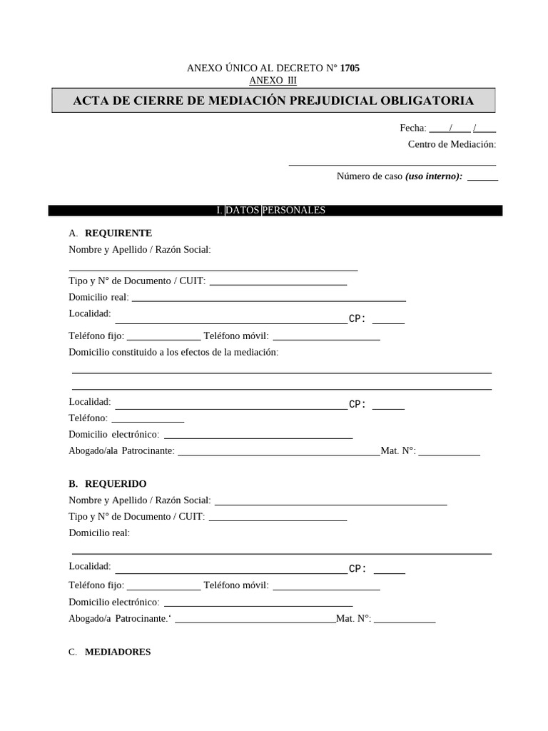 05 Acta de Cierre de Mediación Prejudicial en Blanco | PDF