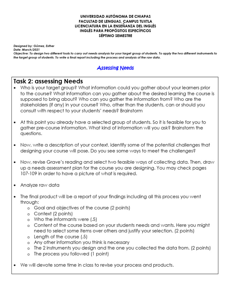 ESP Assessing Needs U3 | PDF