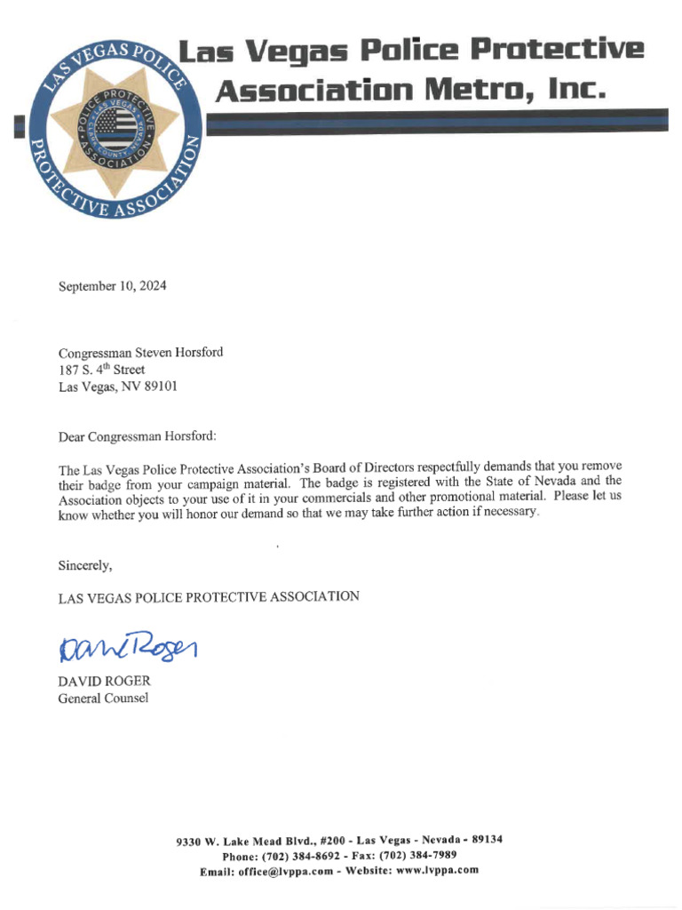LVPPA Asks Rep. Horsford To Remove Badge From Campaign Ad | PDF