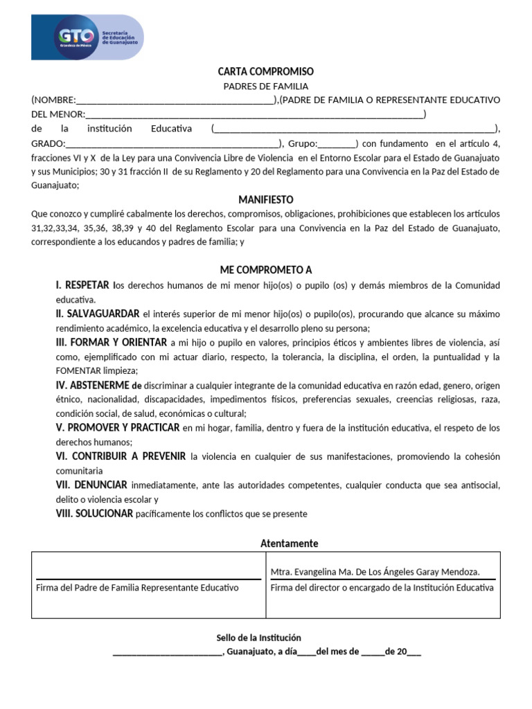 Carta Compromiso Reglamento Escolar Padre Familia 2024 2025 | PDF