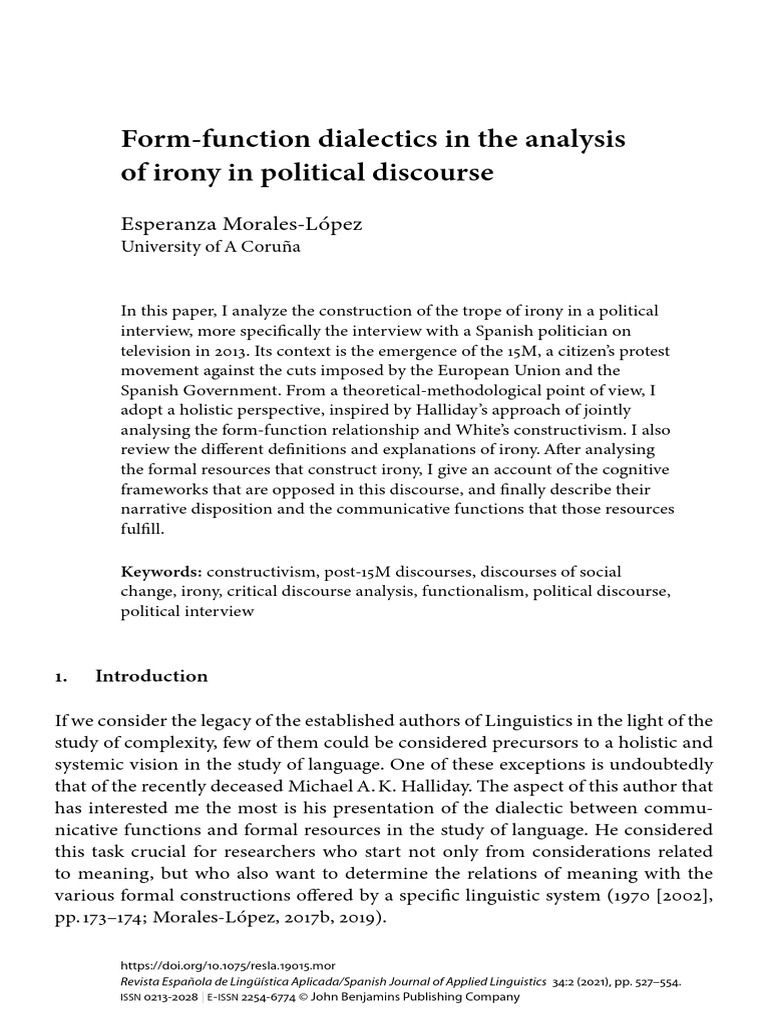 Form Function Dialectics In Th Pdf Irony Linguistics