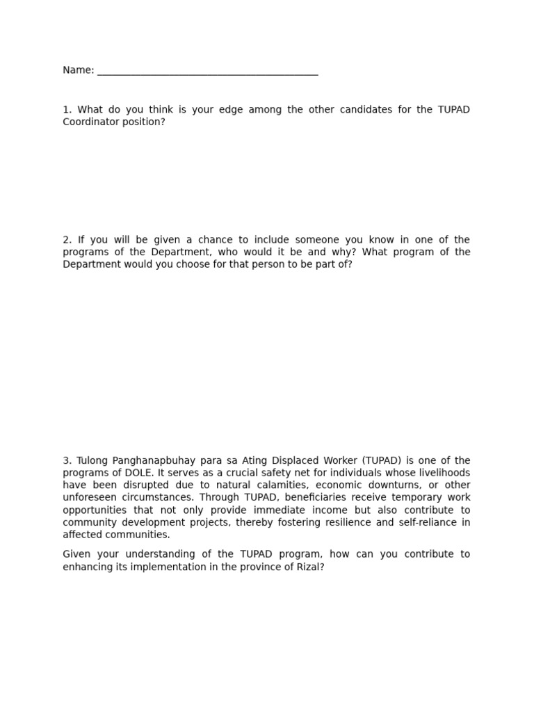 TUPAD Questionnaire | PDF TUPAD Questionnaire | PDF