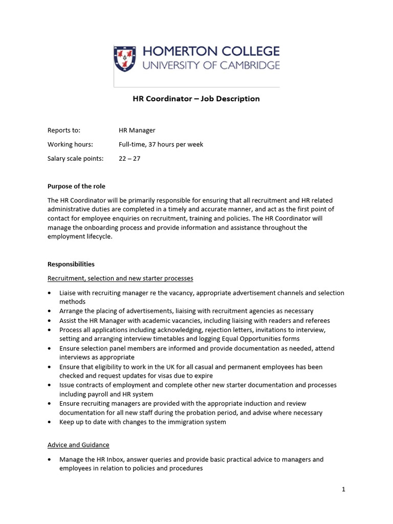 HR Coordinator Job Description | PDF | Employment | Recruitment