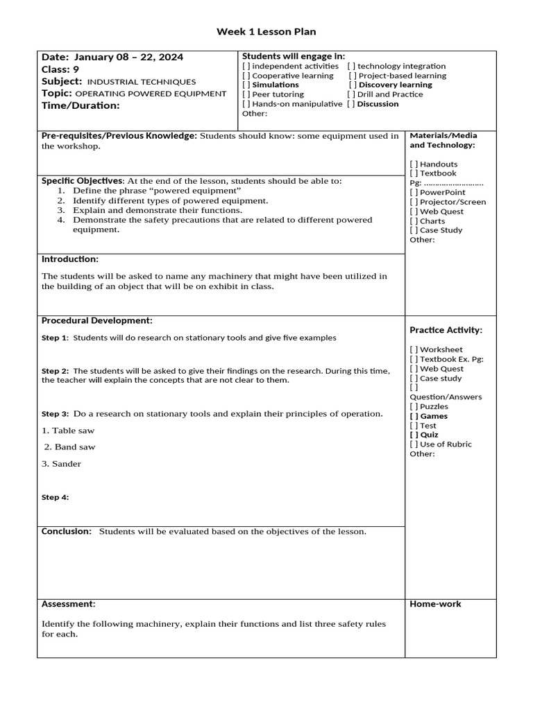 Lesson Plan Industrial Techniques - GR9 | PDF | Lesson Plan | Education ...