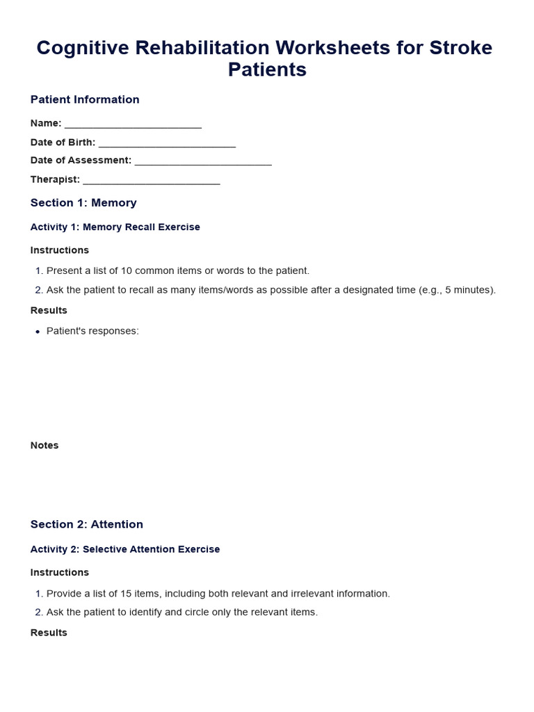 Cognitive Rehabilitation Worksheets For Stroke Patients | PDF | Memory ...