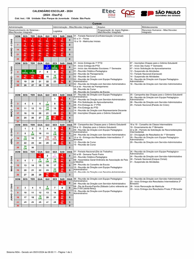 Calendário Escolar 2024 | PDF