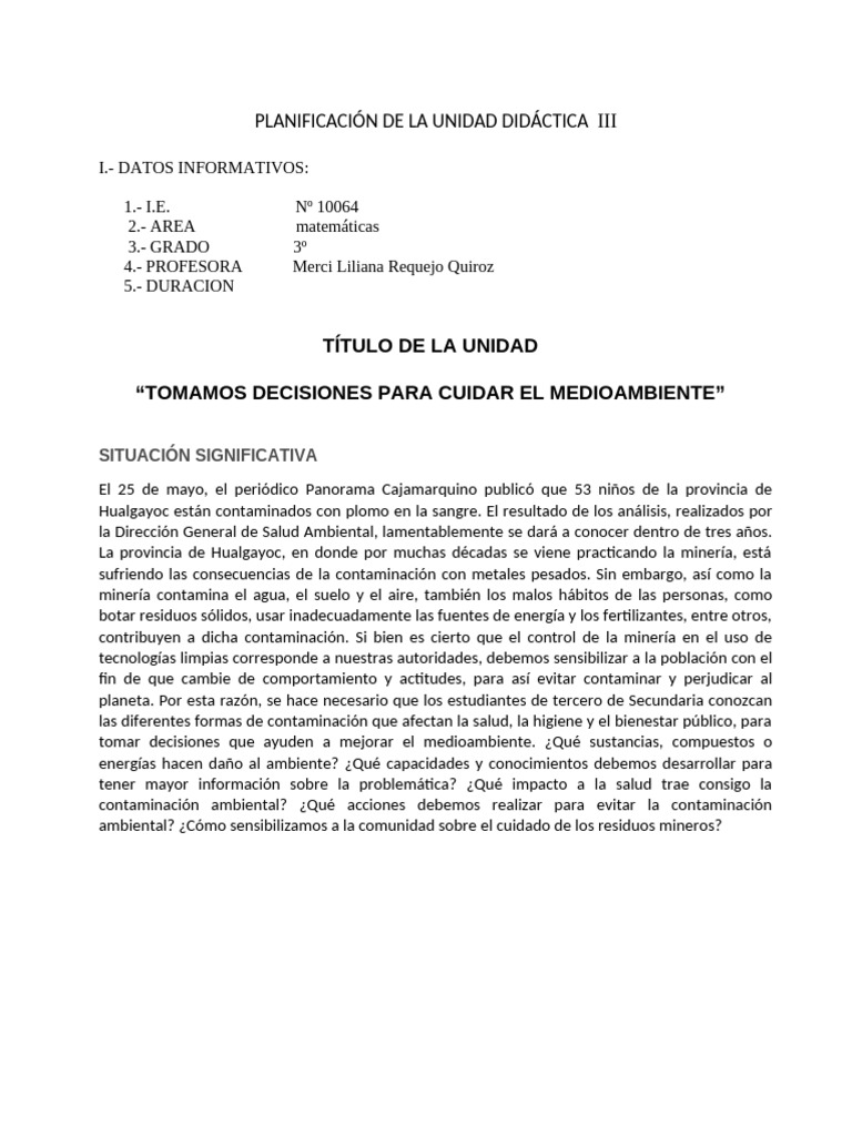 planificacion Unidad 3 - 3er grado | PDF