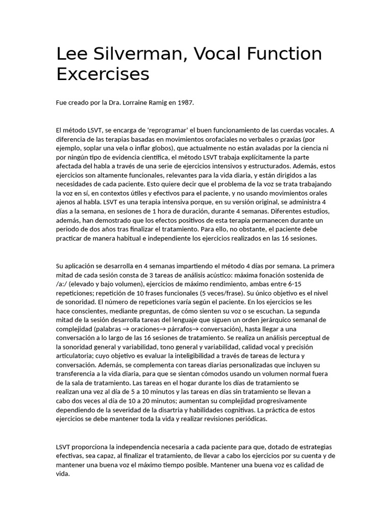Lee Silverman, Vocal Function Excercises Trabajo | PDF | Terapia ...
