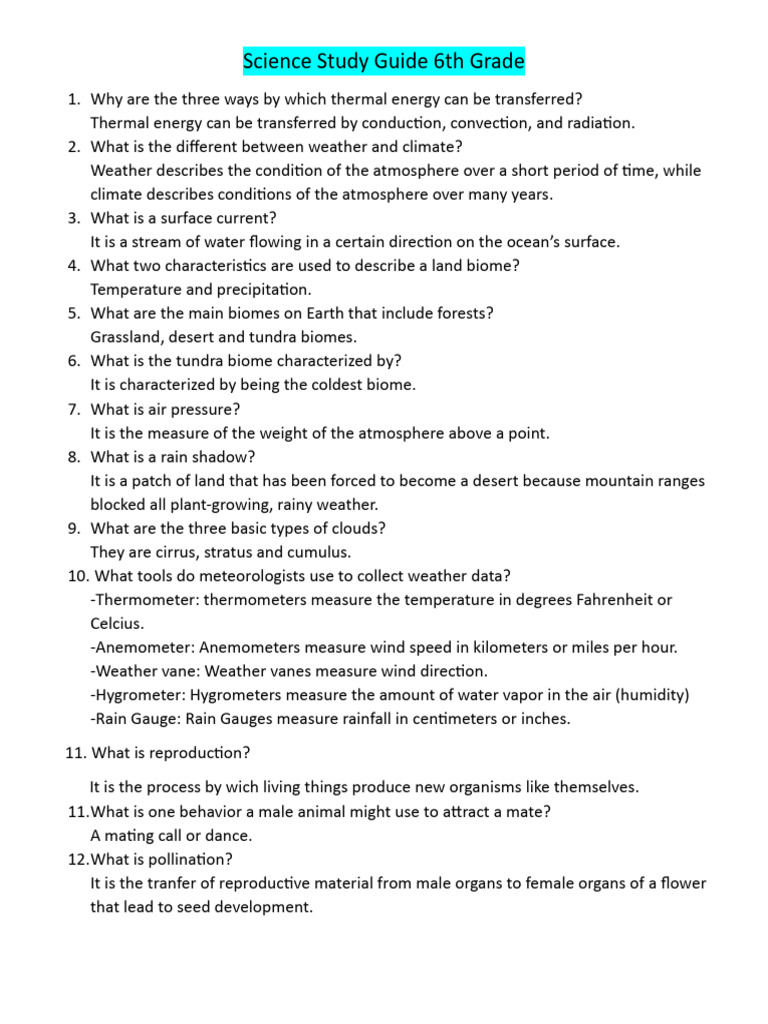Science Study Guide 6th Grade III Quarter. | PDF