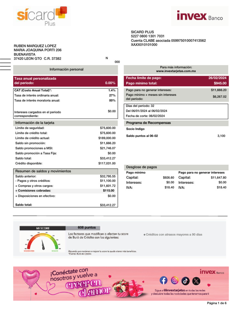Estado de Cuenta Tarjeta INVEX | PDF | Crédito | Finanzas y dinero