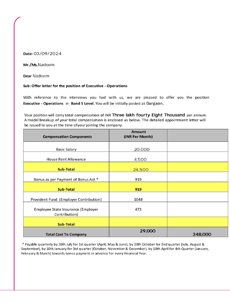 Sub Offer Letter | PDF