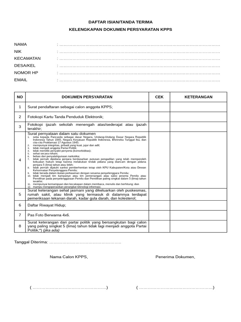 Daftar Isian Tanda Terima Kelengkapan Dokumen Persyaratan Kpps - Use Pps | PDF