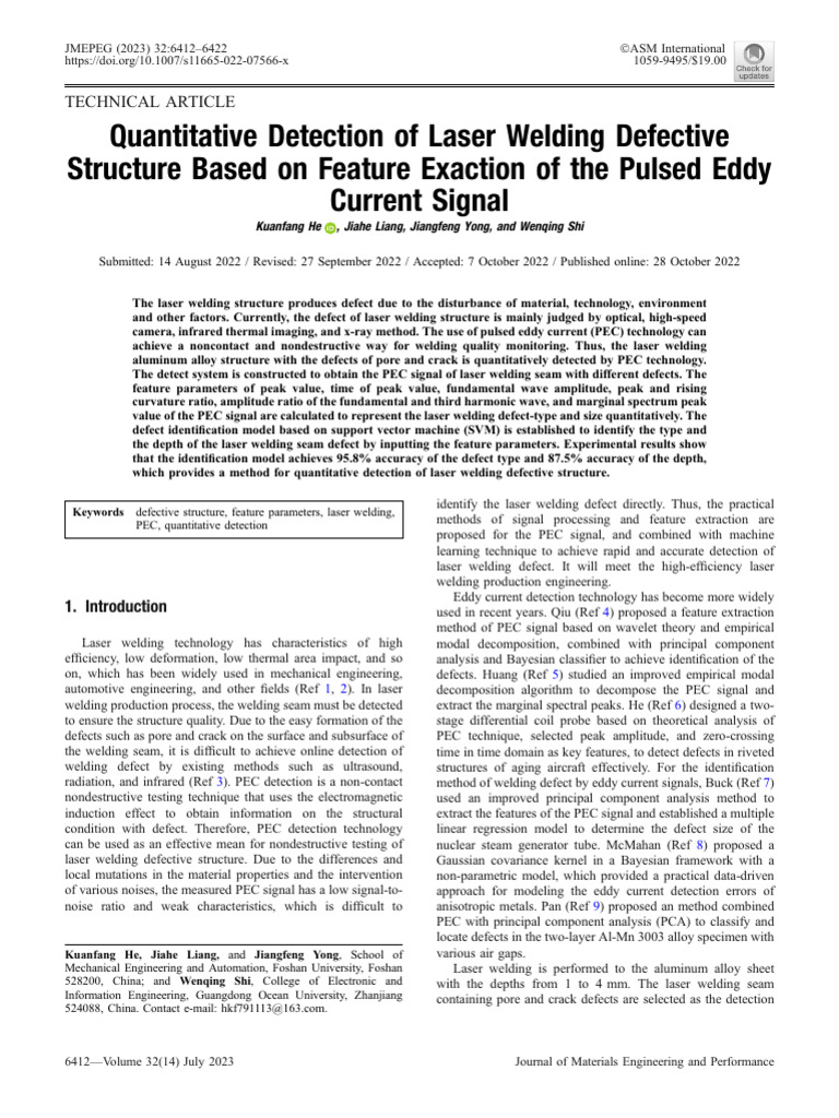 Quantitative Detection of Laser Welding Defective Structure Based On Feature Exaction of The ...