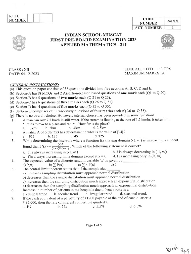 ISM Applied Mathematics (241) XII (FBE) QP & MS (23-24) SET A | PDF