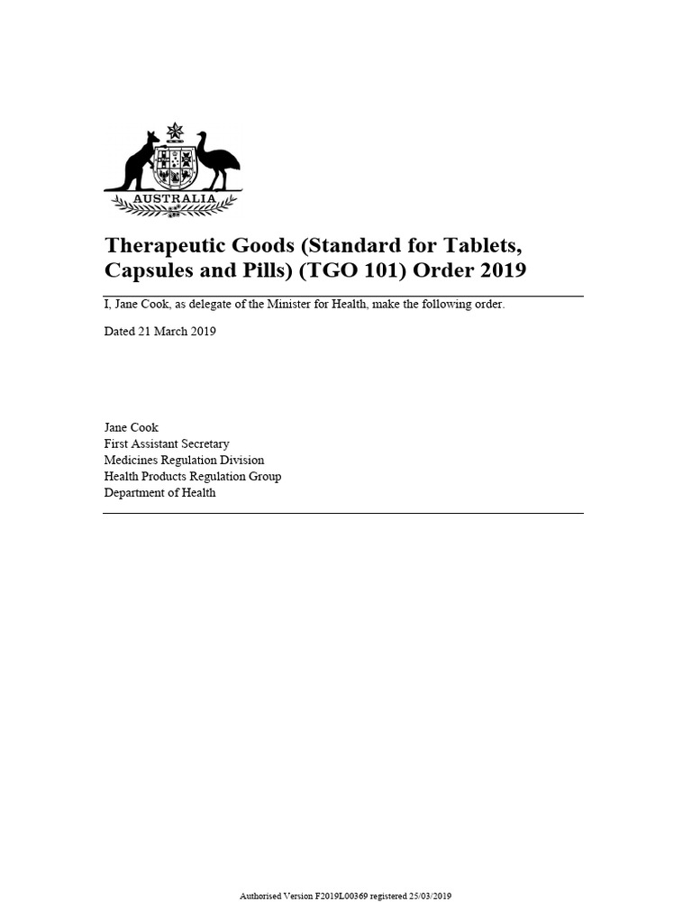 Therapeutic Goods (Standard For Tablets, Capsules and Pills) (TGO 101 ...