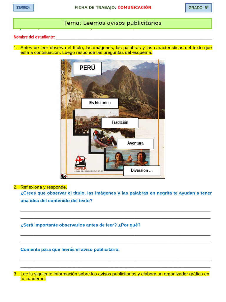 5° Ficha de Trabajo de Agosto Comunicación | PDF | Publicidad ...
