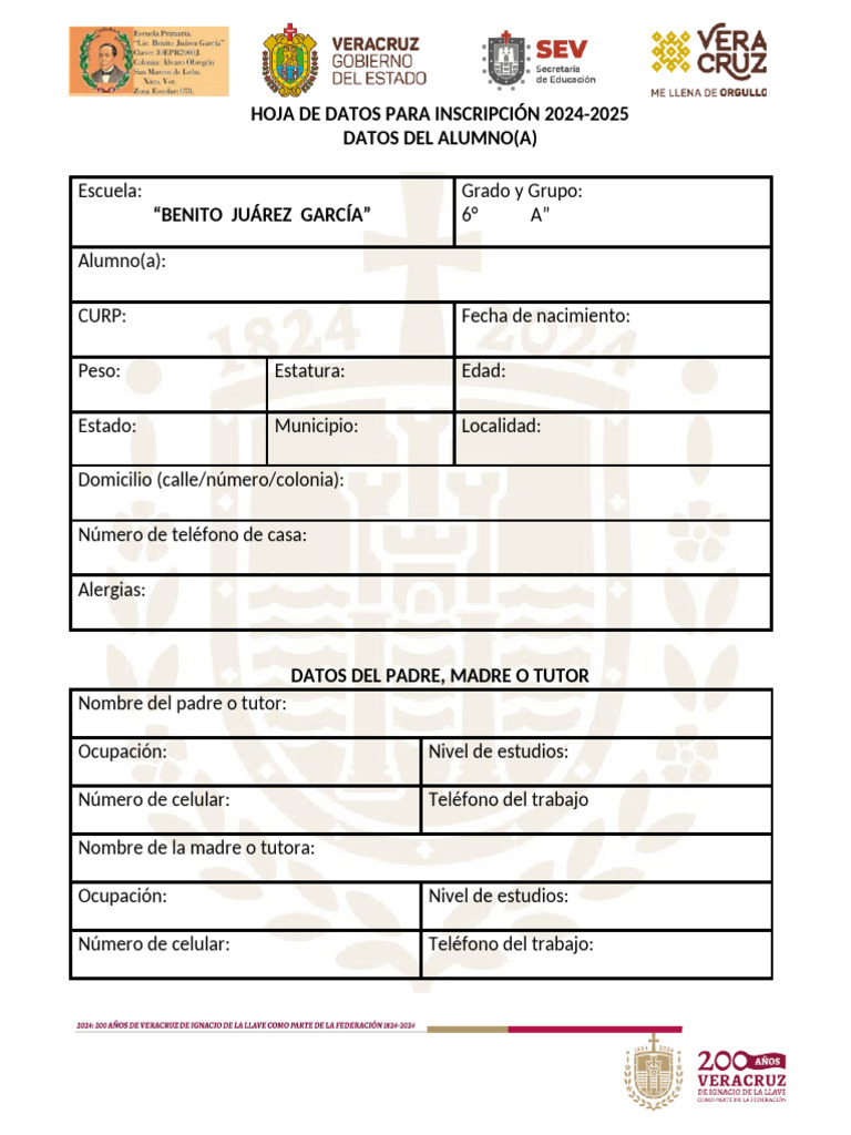 Hoja de Datos para Inscripcion de Alumnos 2024-2025 | PDF