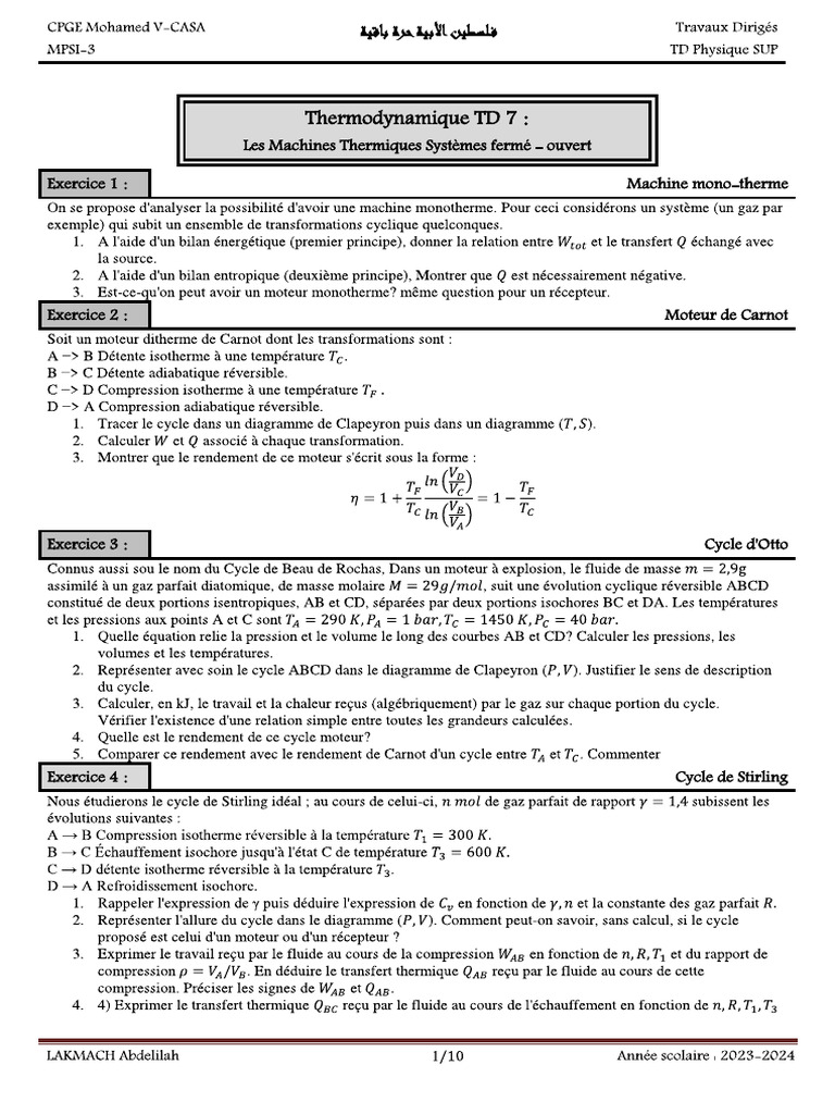 TD7 - Thermodynamique - A | PDF