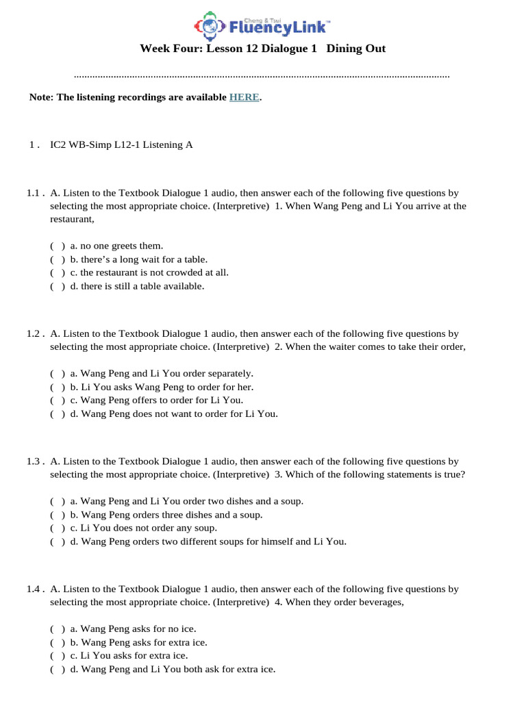 Week Four Lesson 12 Dialogue 1 Homework | PDF | Restaurants | Waiting Staff