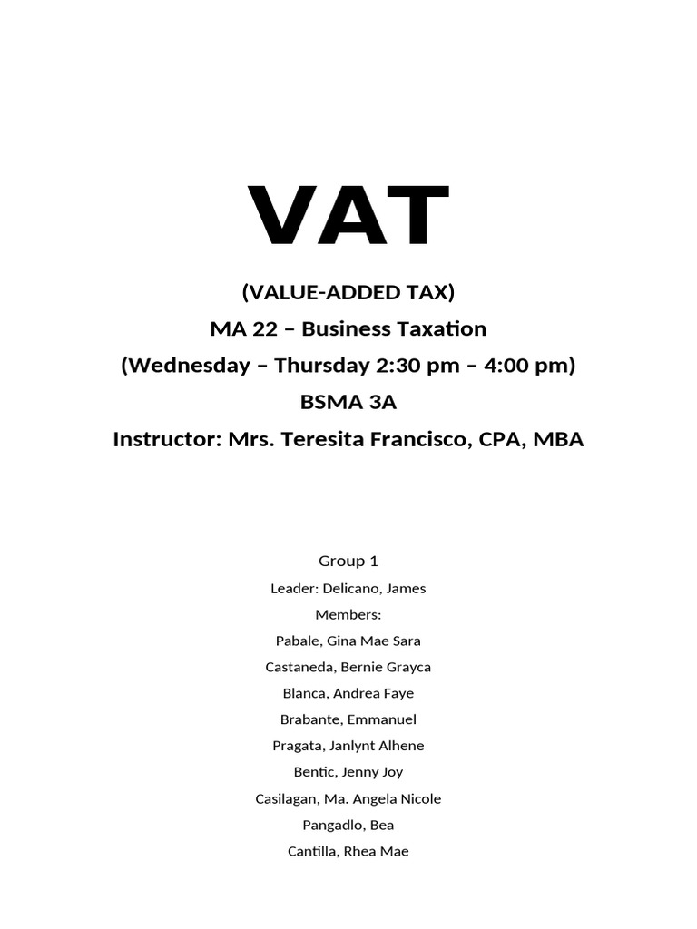 (Value-Added Tax) MA 22 - Business Taxation (Wednesday - Thursday 2:30 ...