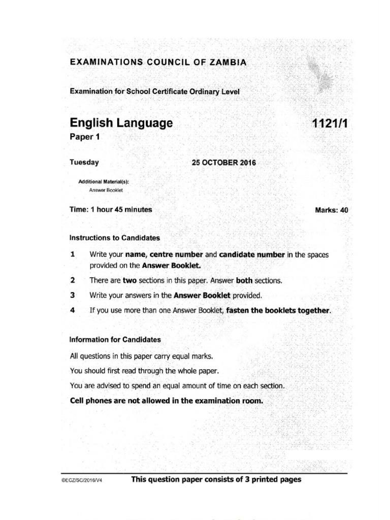 2016 English Language Paper 1 Past Paper | PDF