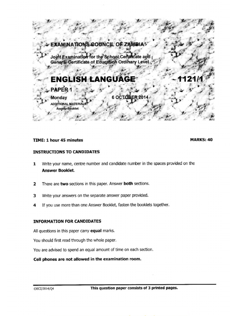 2014 English Language Paper 1 Past Paper | PDF