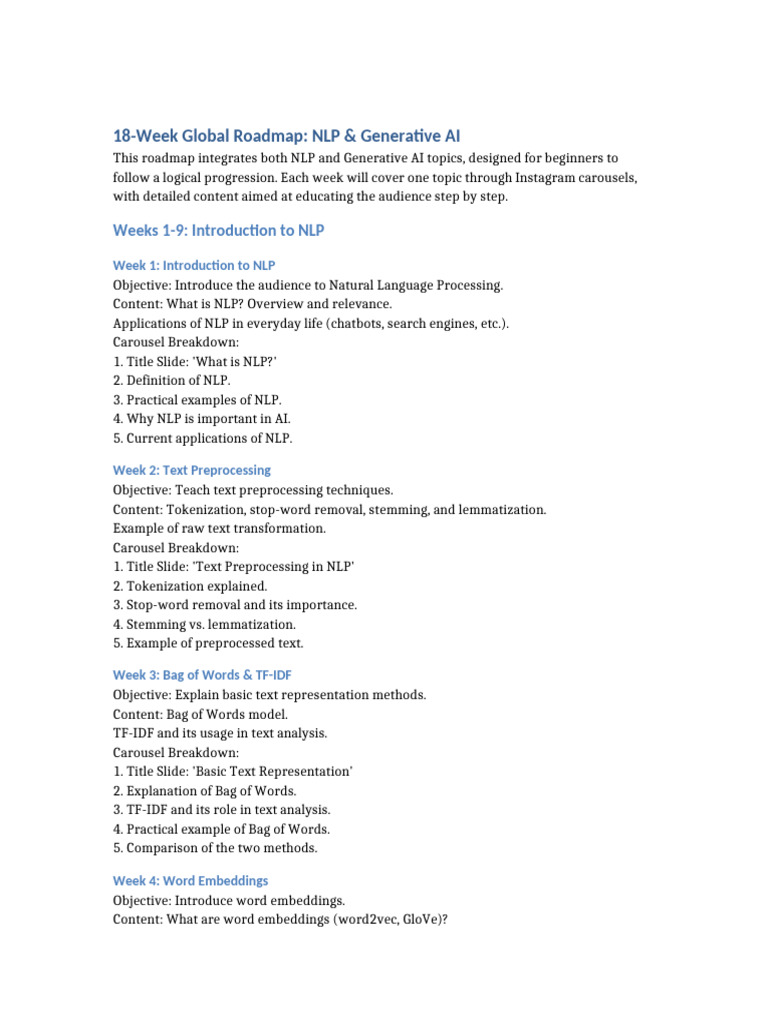 18 Week Global Roadmap NLP Generative AI | PDF