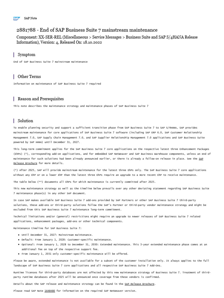 End of SAP Business Suite 7 mainstream maintenance | PDF
