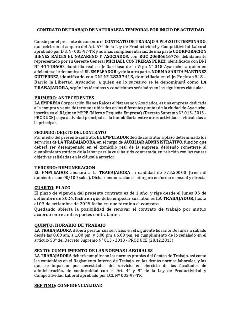 Contrato de Trabajo de Naturaleza Temporal Por Inicio de Actividad | PDF | Derecho laboral ...
