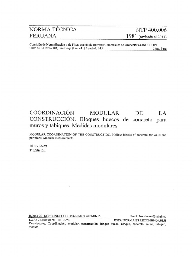 NTP 400.006 Coordinación Modular de La Construcción. Bloques Huecos de Concreto para Muros y ...