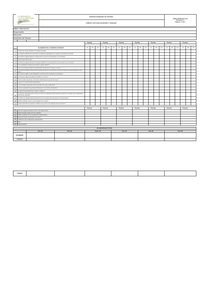 CBM-FORM-SST-014 - Check List Excavacion y Zanjas | PDF CBM-FORM-SST-014 - Check List Excavacion y Zanjas | PDF