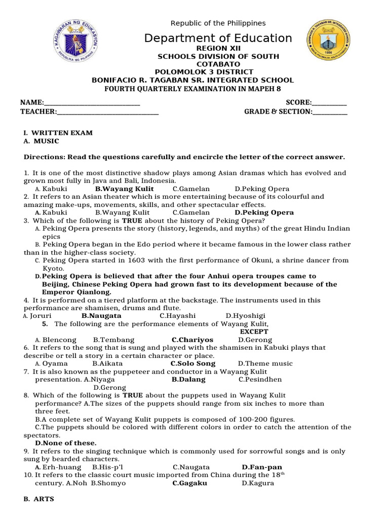 Answer Key Mapeh 8 Exam | PDF