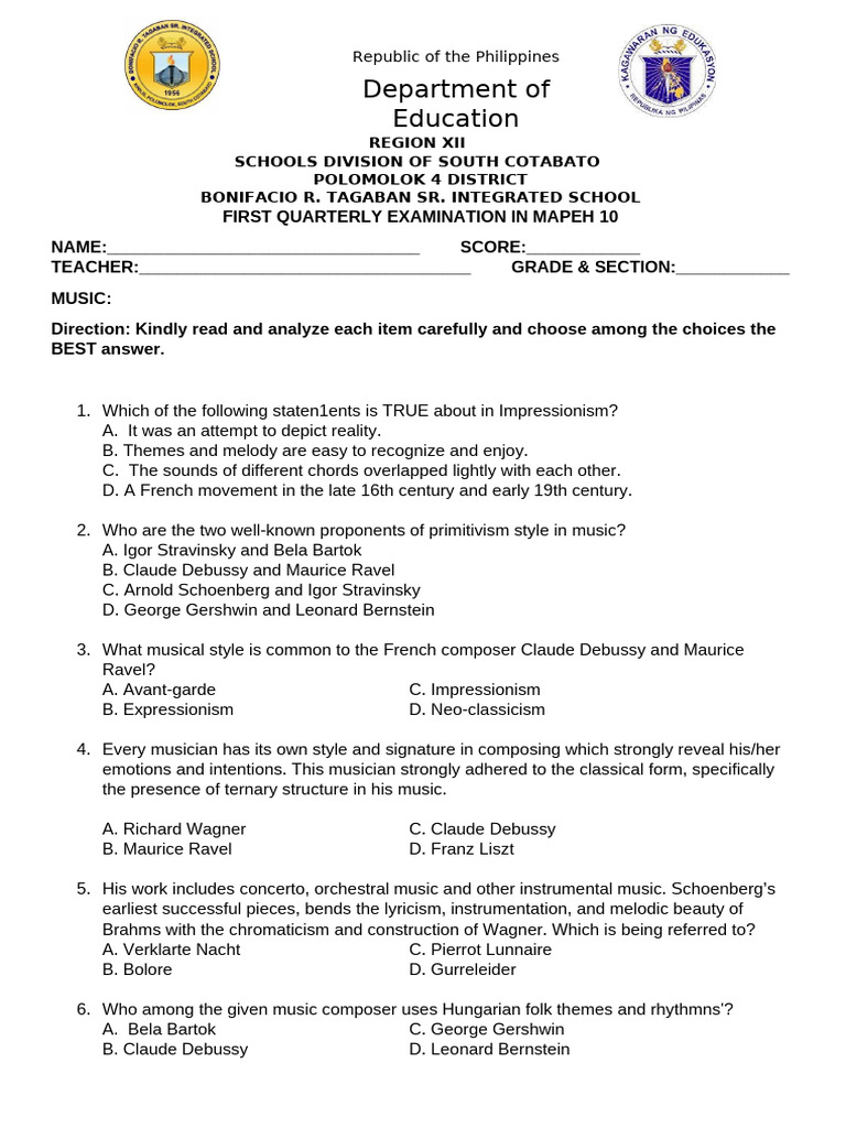 Mapeh 10 First Quarter With Tos | PDF