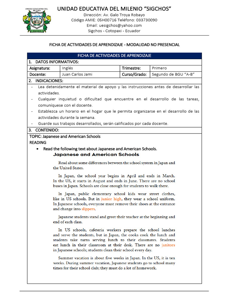FICHA DE ACTIVIDADES 2do BGU | PDF
