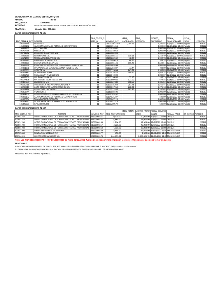 Practica - Llenado 606 - 607 - 608 | PDF
