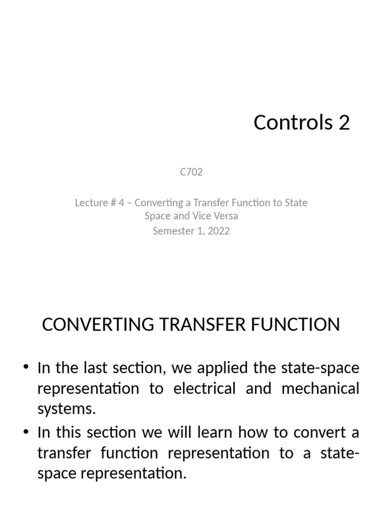 Lecture 4 - Converting Transfer Function To State Space and Vice Versa | PDF