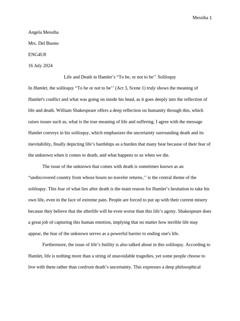 Hamlet Soliloquy Response | PDF