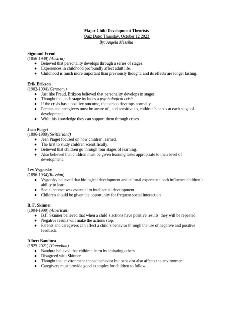 Major Child Development Theorists - Study Guide | PDF