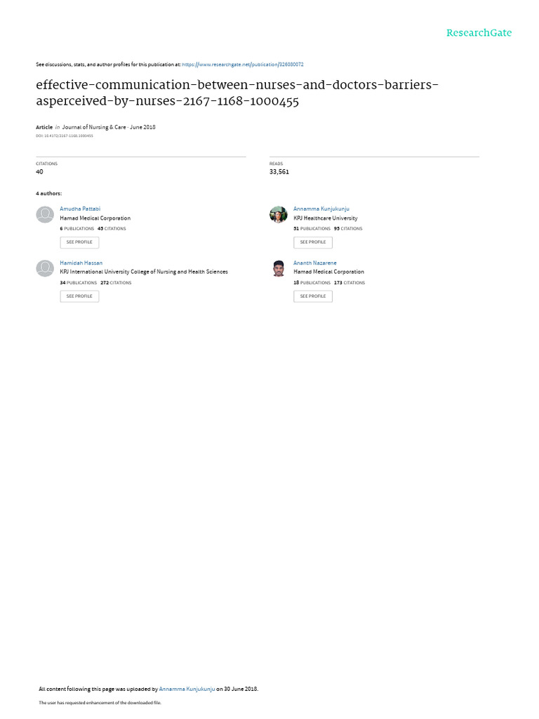 Effective Communication Between Nurses and Doctors Barriers Asperceived ...