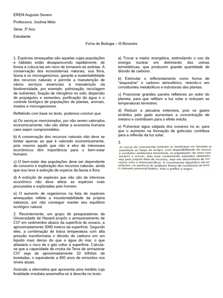 Ficha Bio III Bim. - 3º Ano 2024 | PDF