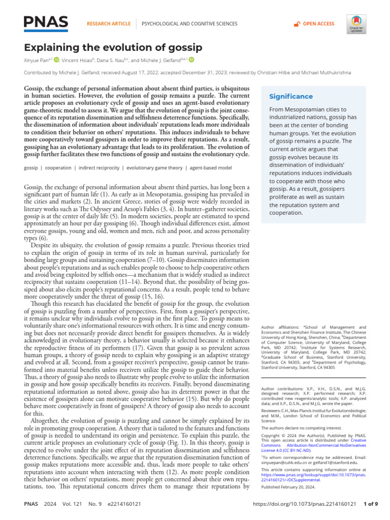 Pan Et Al 2024 Explaining The Evolution of Gossip | PDF