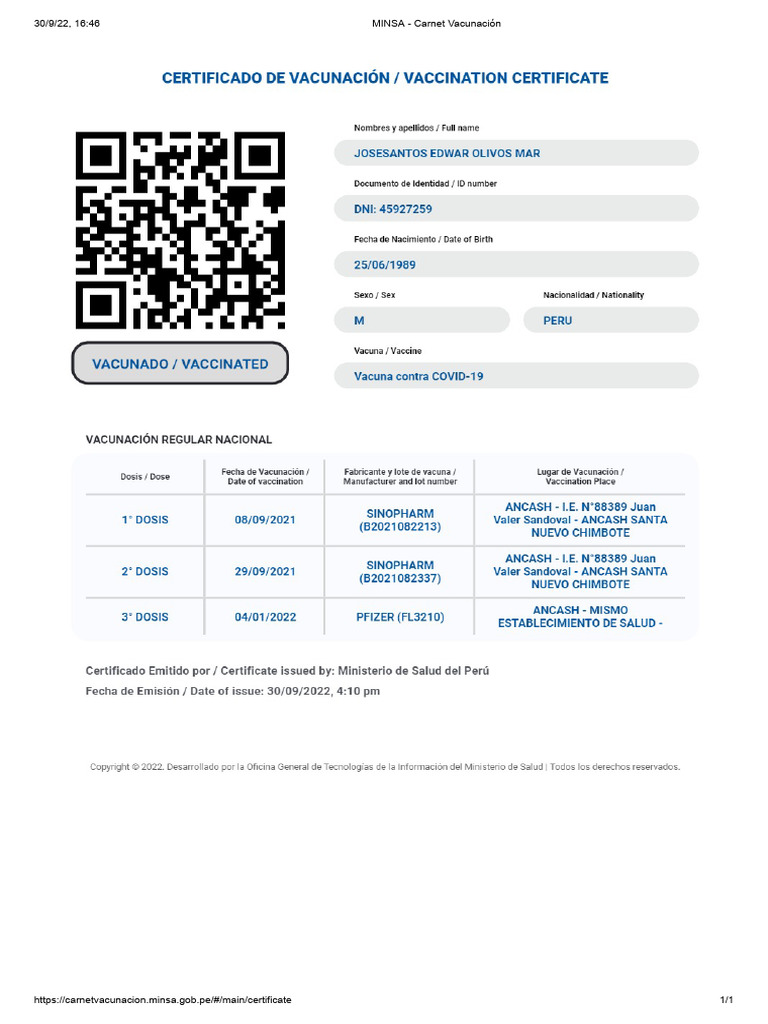MINSA - Carnet Vacunación | PDF