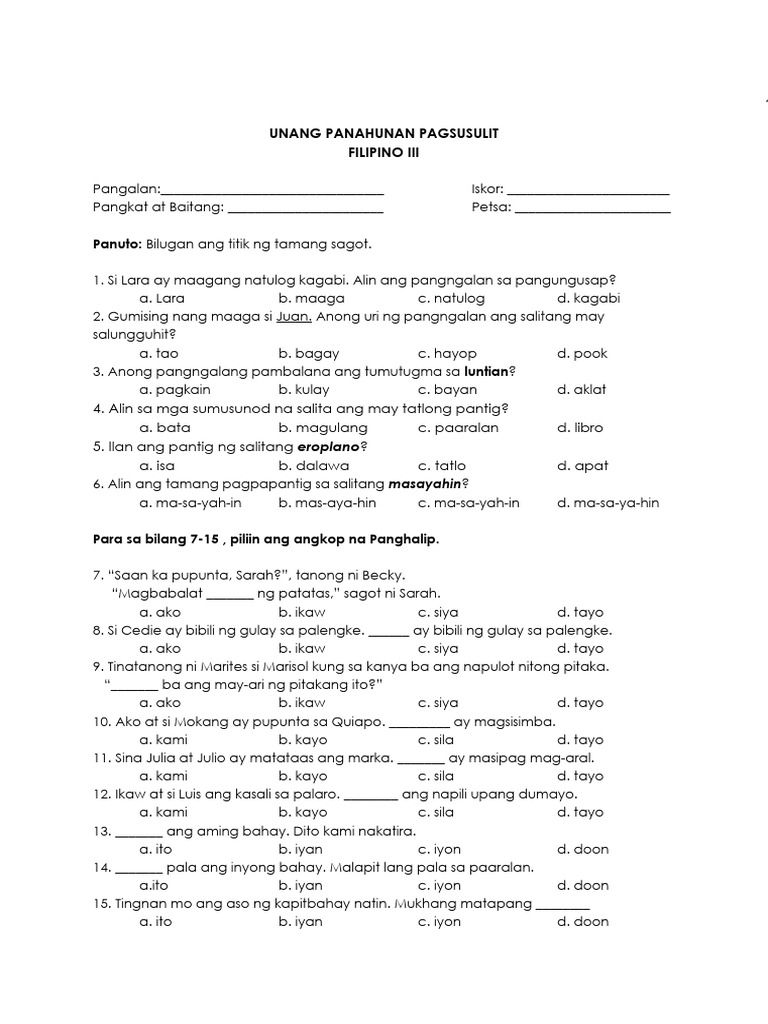 Grade 3 1st Qtr Test Filipino 2023 2024 Pdf