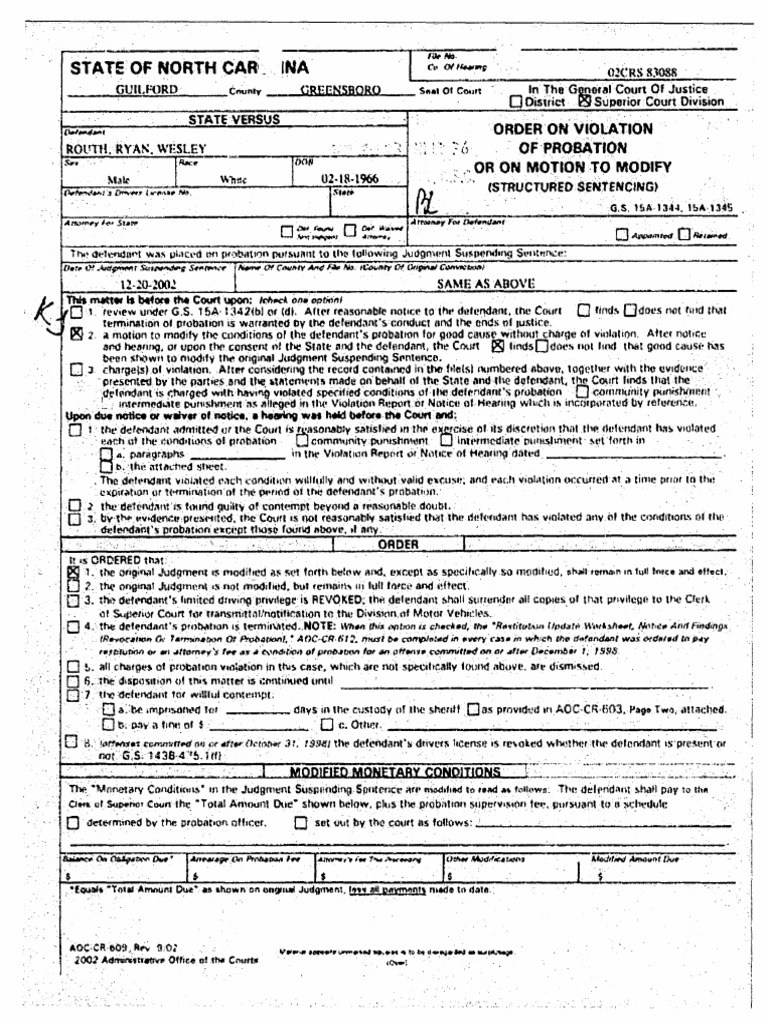 Routh Documents WEAPONS OF MASS DESTRUCTION CONVICTION | PDF | Probation | Punishments