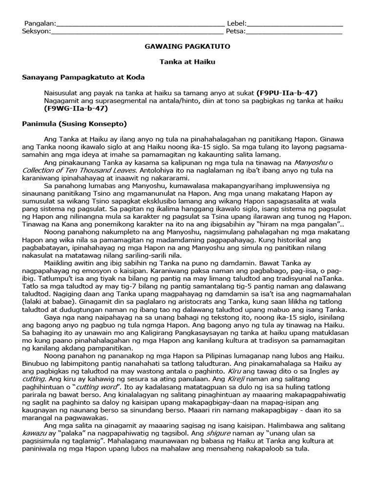 Gawaing Pagkatuto Tanka at Haiku Sanayang Pampagkatuto at Koda (F9Pu-Iia-B-47) (F9Wg-Iia-B-47 ...